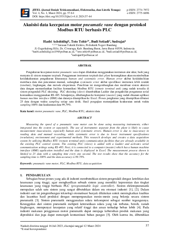 (PDF) Akuisisi data kecepatan motor pneumatic vane dengan protokol Modbus RTU berbasis PLC