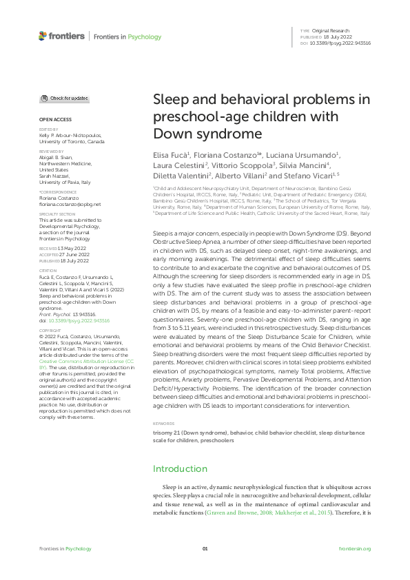 (PDF) Sleep and behavioral problems in preschool-age children with Down ...