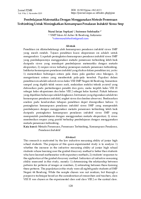 (PDF) Pembelajaran Matematika Dengan Menggunakan Metode Penemuan Terbimbing Untuk Meningkatkan ...