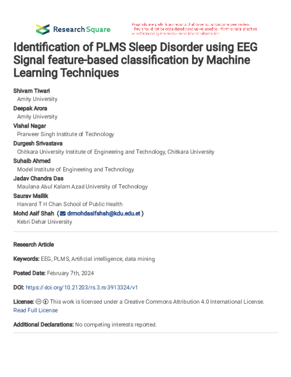(PDF) Identification of PLMS Sleep Disorder using EEG Signal feature-based classification by ...