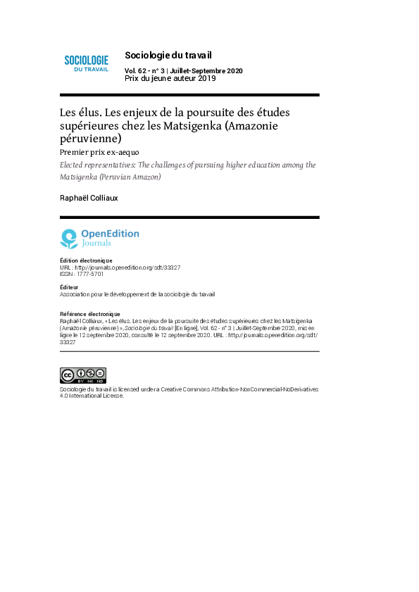 (PDF) Les élus. Les enjeux de la poursuite des études supérieures chez les Matsigenka (Amazonie ...