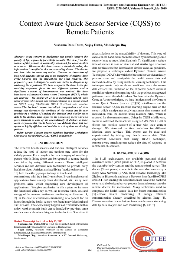 (PDF) Context Aware Quick Sensor Service (CQSS) to Remote Patients | Sushama Dutta - Academia.edu