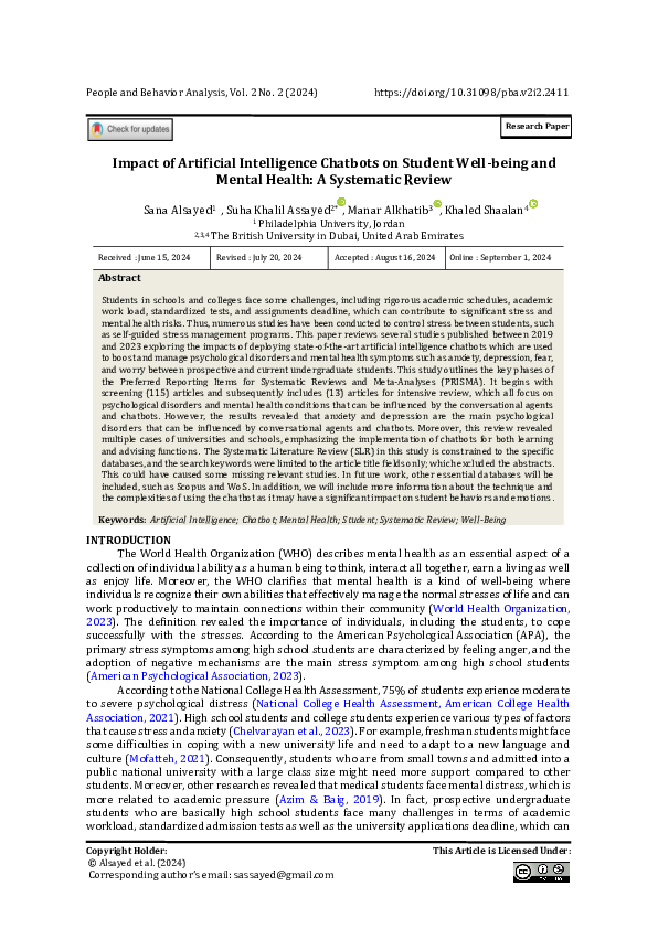 (PDF) Impact of Artificial Intelligence Chatbots on Student Well-being and Mental Health: A ...