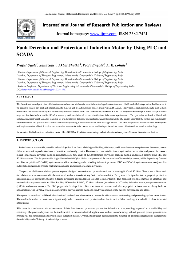 (PDF) Fault Detection and Protection of Induction Motor by Using PLC and SCADA