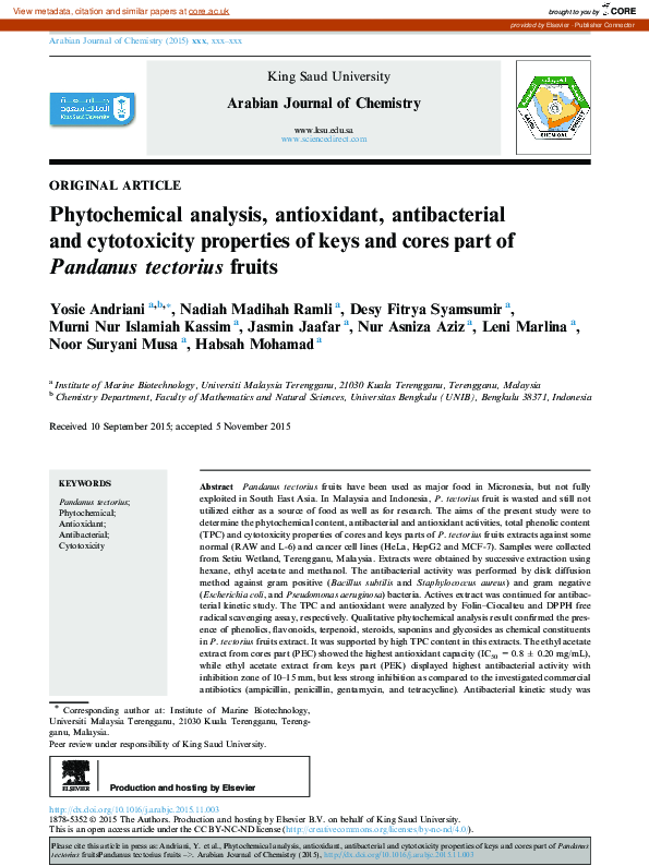 (PDF) Phytochemical analysis, antioxidant, antibacterial and cytotoxicity properties of keys and ...