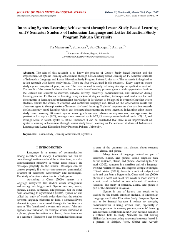 (PDF) Improving Syntax Learning Achievement throughLesson Study Based Learning on IV Semester ...