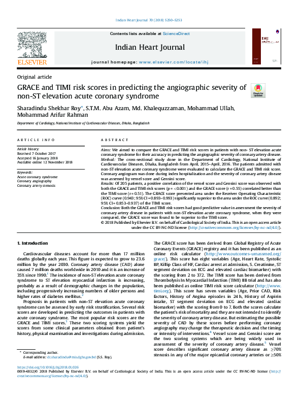 (PDF) GRACE and TIMI risk scores in predicting the angiographic ...