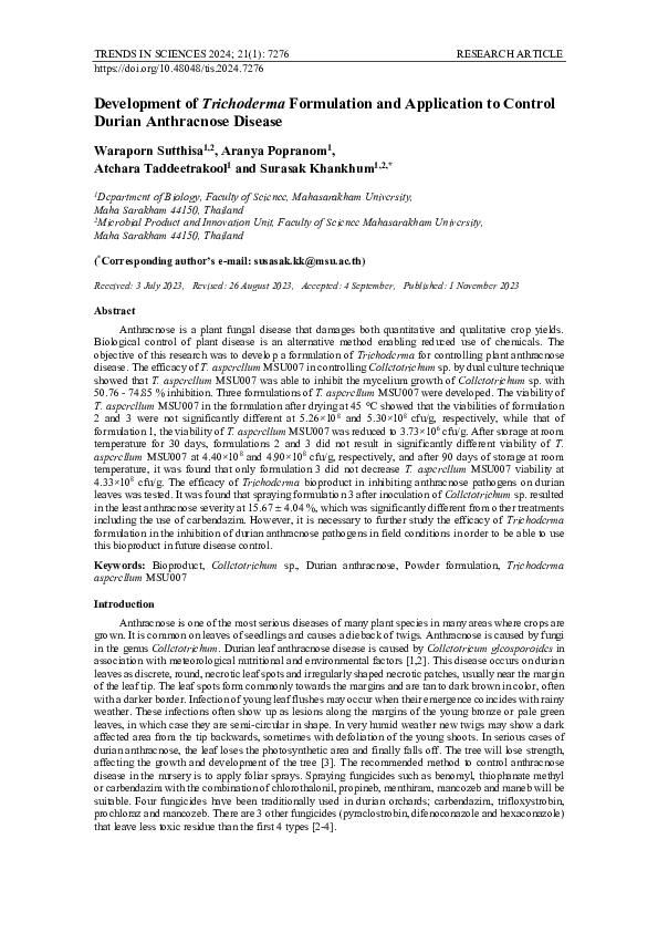Pdf Development Of Trichoderma Formulation And Application To Control Durian Anthracnose Disease