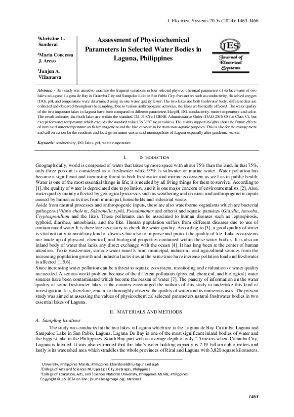 (PDF) Assessment of Physicochemical Parameters in Selected Water Bodies in Laguna, Philippines