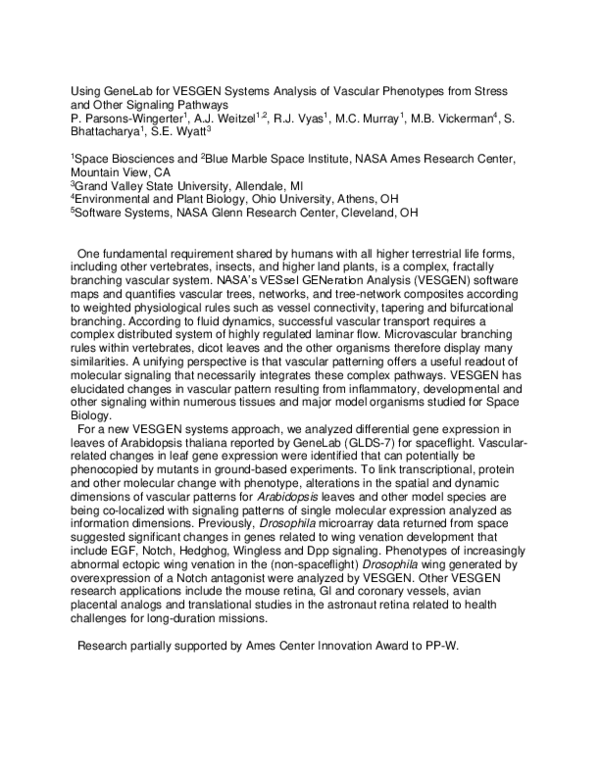 (PDF) Using NASA's GeneLab for VESGEN Systems Analysis of Vascular ...