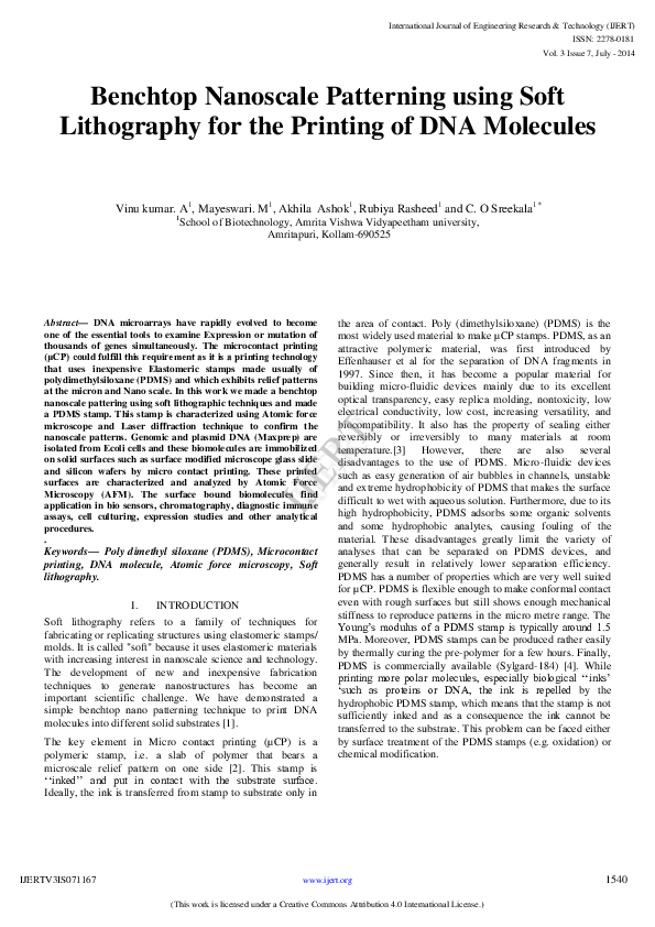 (PDF) Benchtop Nanoscale Patterning using Soft Lithography for the Printing of DNA Molecules ...