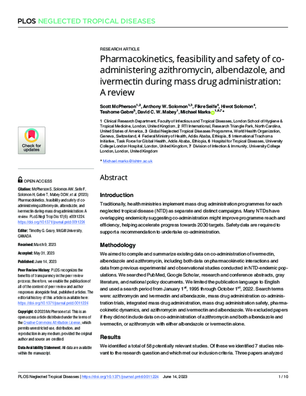 (PDF) Pharmacokinetics, feasibility and safety of co-administering azithromycin, albendazole ...