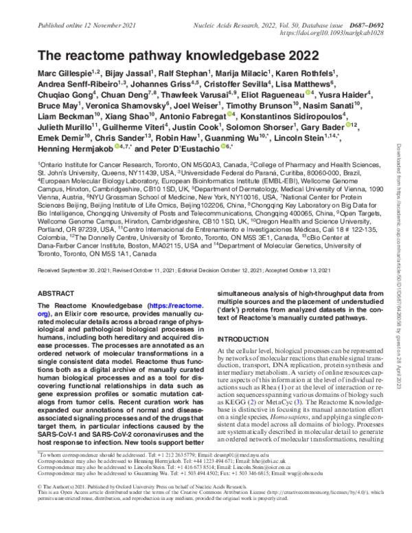 (PDF) The reactome pathway knowledgebase 2022