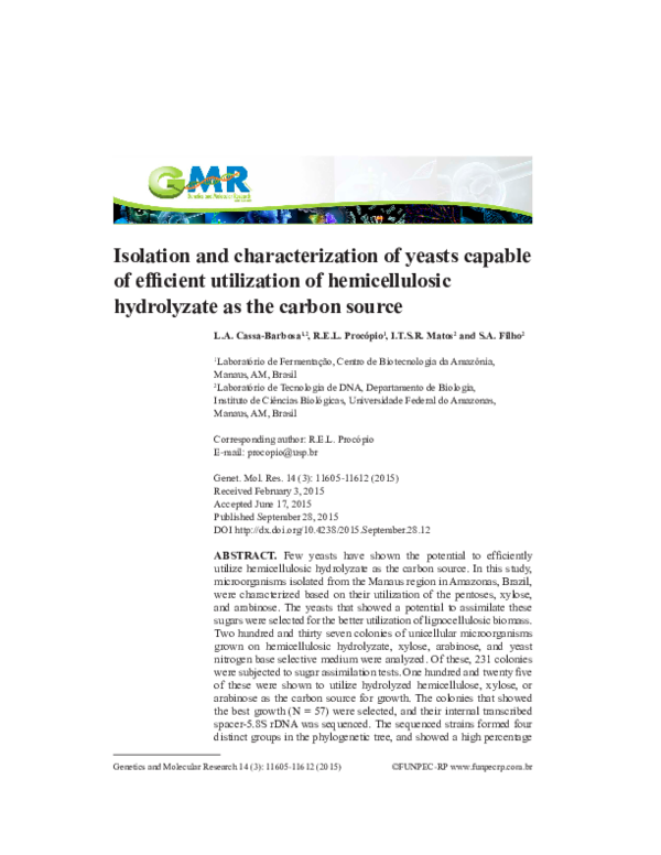 (PDF) Isolation and characterization of yeasts capable of efficient utilization of ...