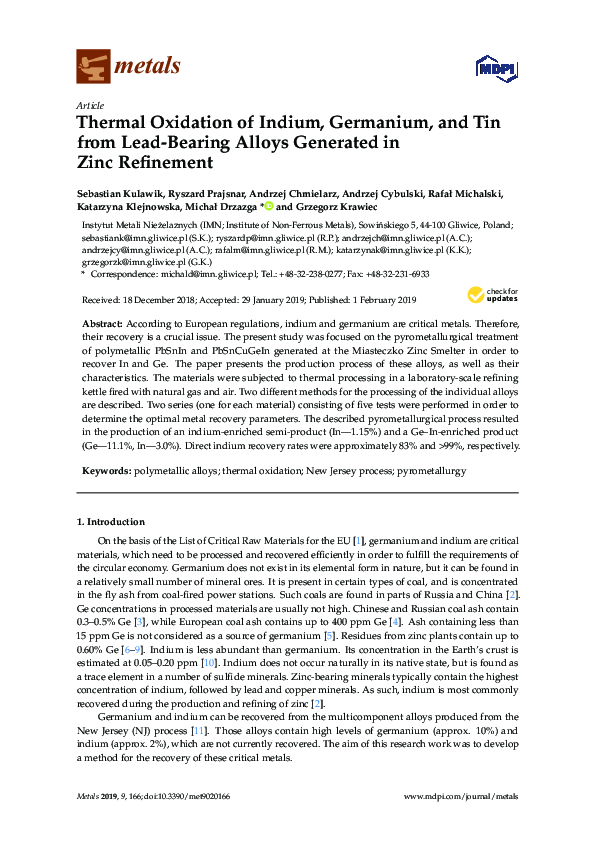 (PDF) Thermal Oxidation of Indium, Germanium, and Tin from Lead-Bearing ...