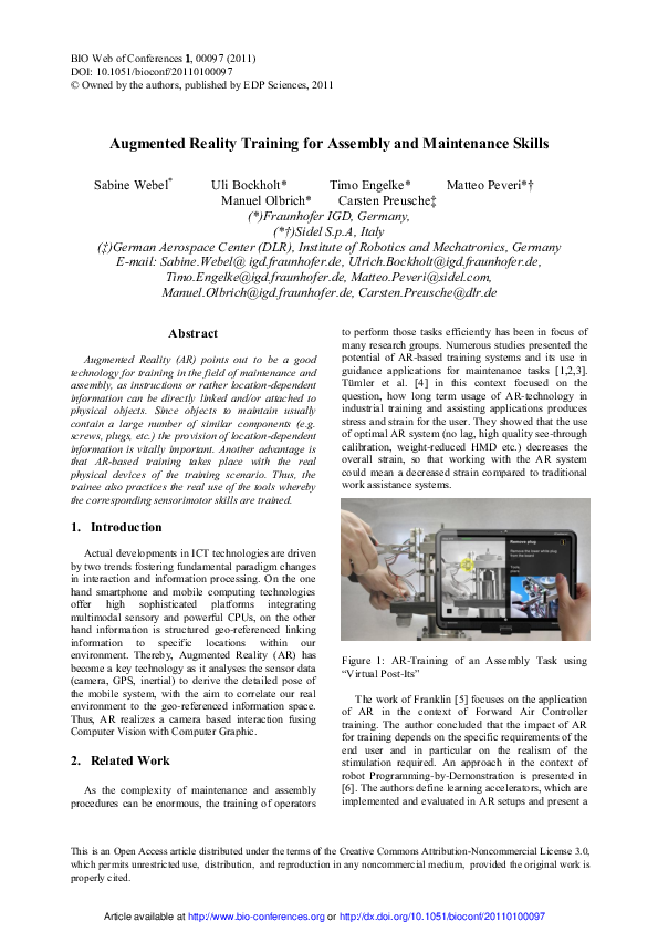 (PDF) Augmented Reality Training for Assembly and Maintenance Skills