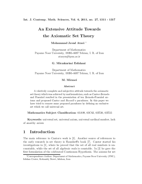 (PDF) An Extensive Attitude Towards the Axiomatic Set Theory