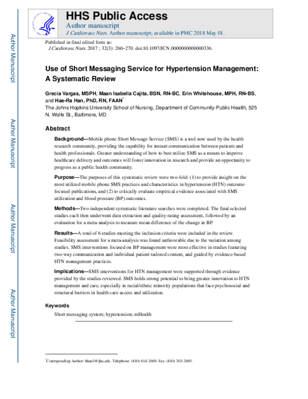 (PDF) Use of Short Messaging Service for Hypertension Management