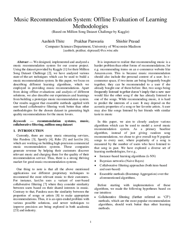 (PDF) Music Recommendation System : Offline Evaluation of Learning Methodologies ( Based on ...