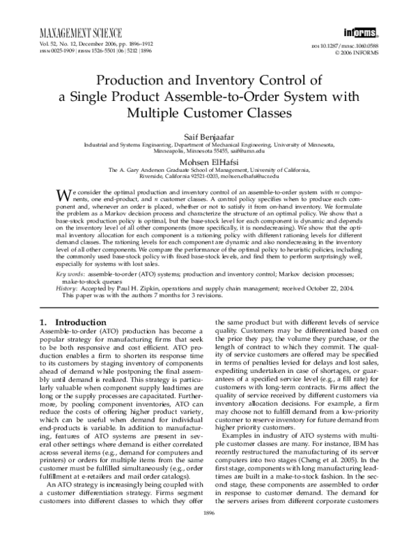 (PDF) Production and Inventory Control of a Single Product Assemble-to-Order System with ...