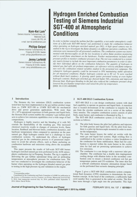 (PDF) Hydrogen Enriched Combustion Testing of Siemens Industrial SGT ...