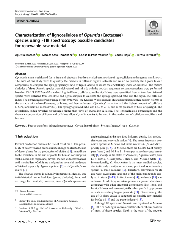 (PDF) Characterization of lignocellulose of Opuntia (Cactaceae) species using FTIR spectroscopy ...