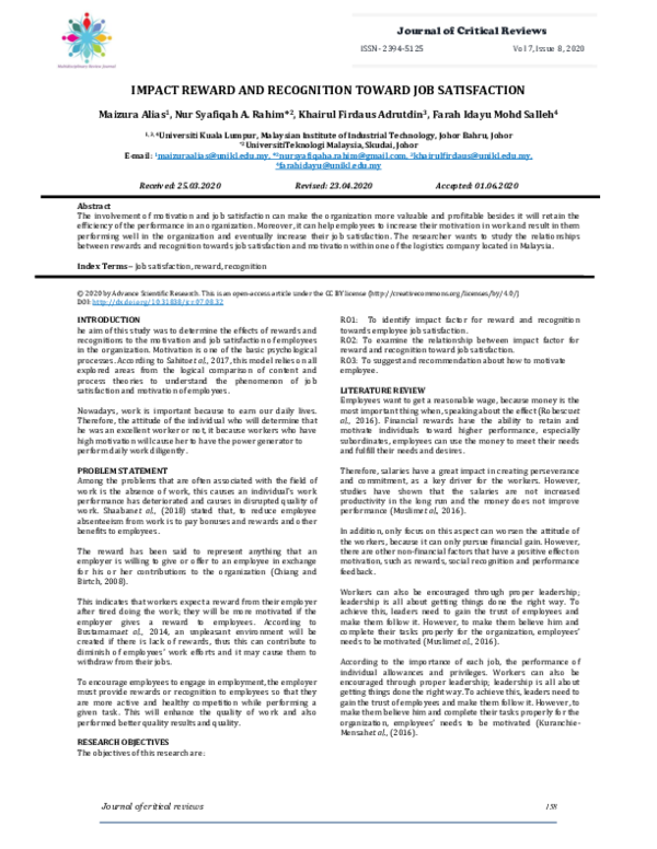 (PDF) Impact Reward and Recognition Toward Job Satisfaction