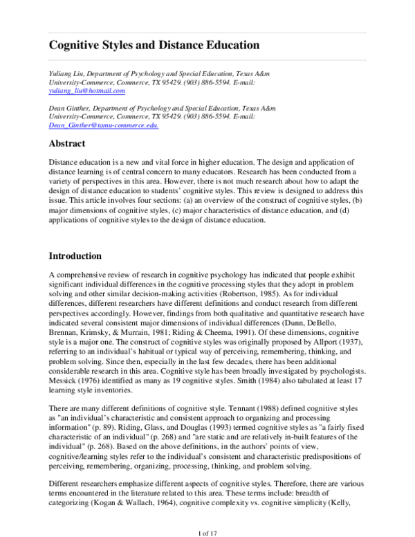 (PDF) Cognitive Styles and Distance Education