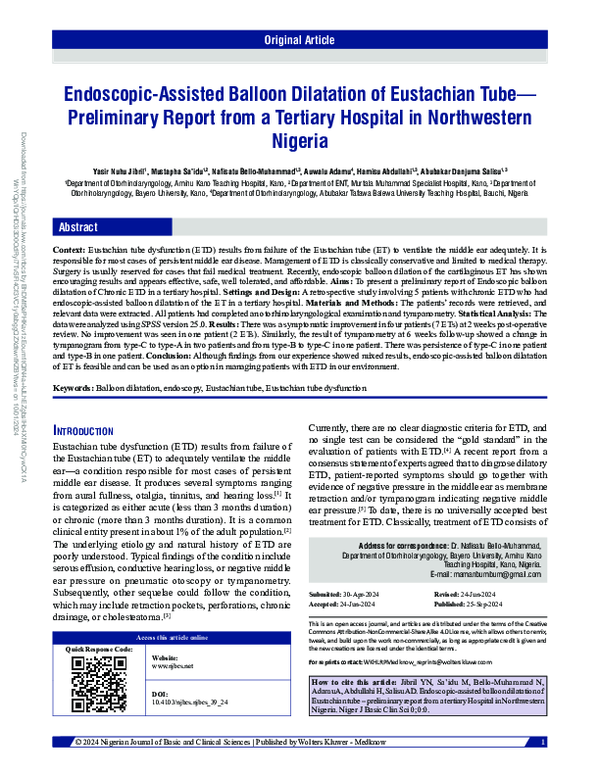 (PDF) Endoscopic-Assisted Balloon Dilatation of Eustachian Tube ...
