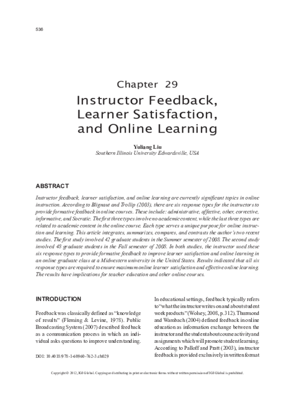 Pdf Instructor Feedback Learner Satisfaction And Online Learning
