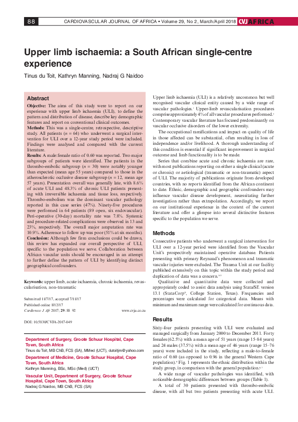 (PDF) Upper limb ischaemia: a South African single-centre experience