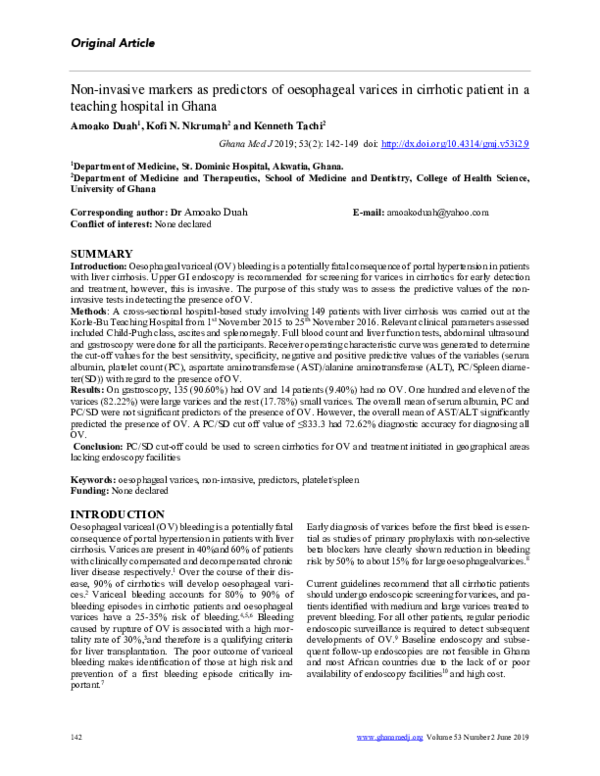 (PDF) Non-invasive markers as predictors of oesophageal varices in ...