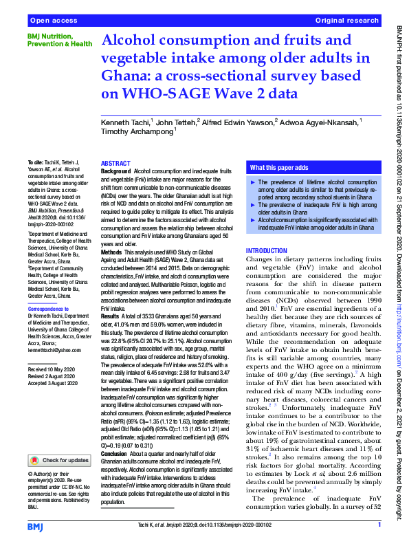 (PDF) Alcohol consumption and fruits and vegetable intake among older ...