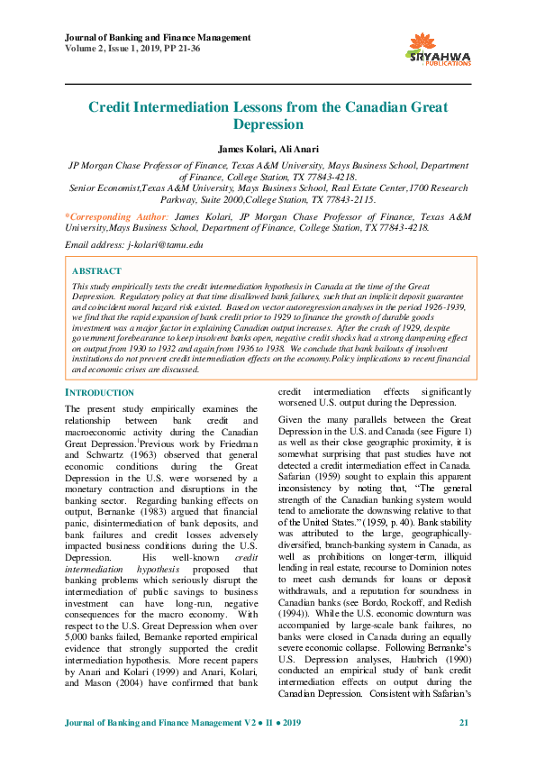 (PDF) Credit Intermediation Lessons from the Canadian Great Depression