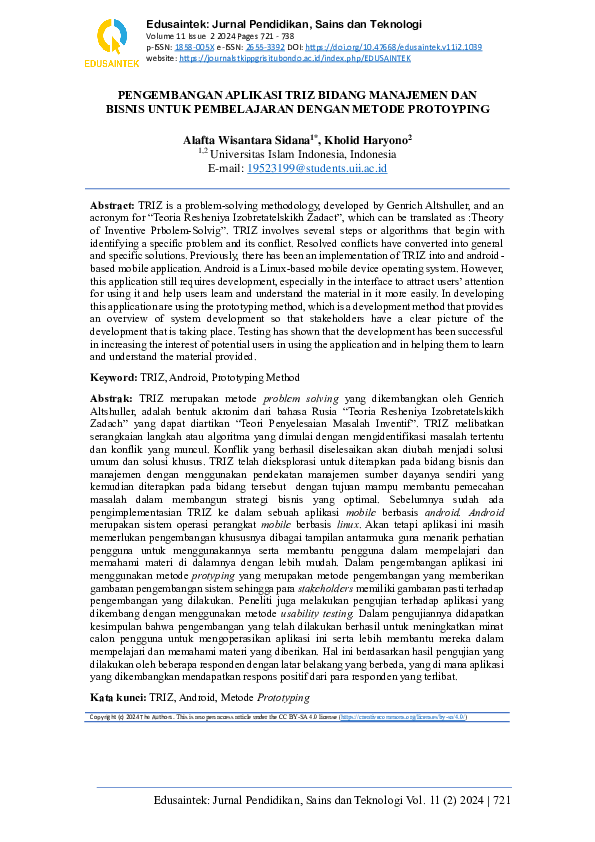 (PDF) Pengembangan Aplikasi Triz Bidang Manajemen Dan Bisnis Untuk Pembelajaran Dengan Metode ...