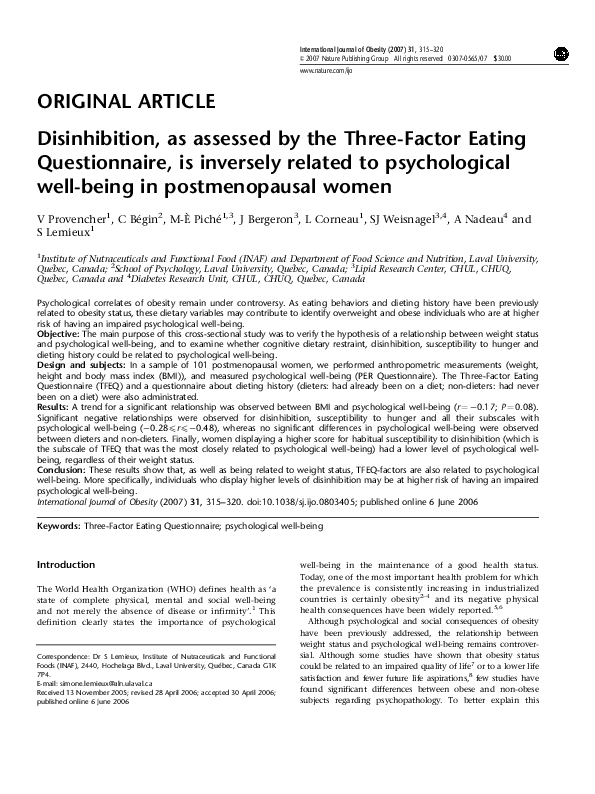 (PDF) Disinhibition, as assessed by the Three-Factor Eating ...