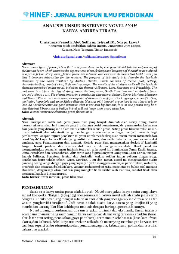 (PDF) Analisis Unsur Intrinsik Novel Ayah Karya Andrea Hirata