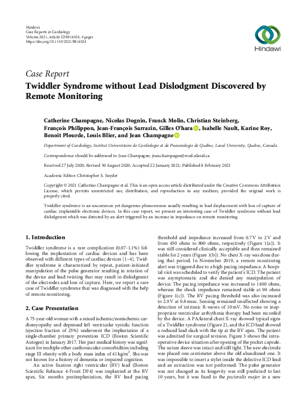 (PDF) Twiddler Syndrome without Lead Dislodgment Discovered by Remote ...