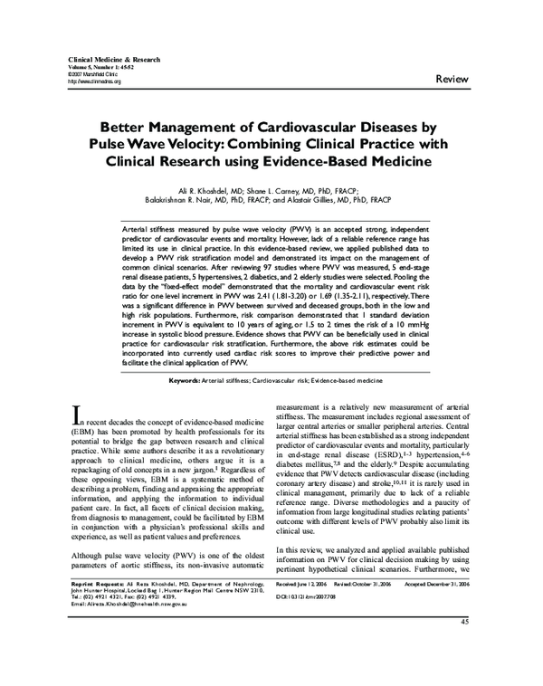 (PDF) Better Management of Cardiovascular Diseases by Pulse Wave Velocity: Combining Clinical ...