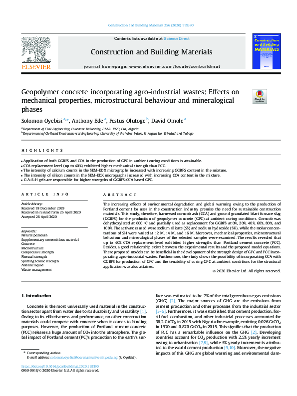 (PDF) Geopolymer concrete incorporating agro-industrial wastes: Effects ...