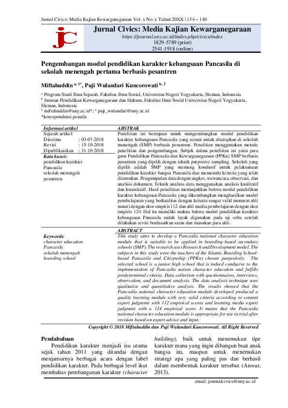 (PDF) Pengembangan modul pendidikan karakter kebangsaan Pancasila di sekolah menengah pertama ...
