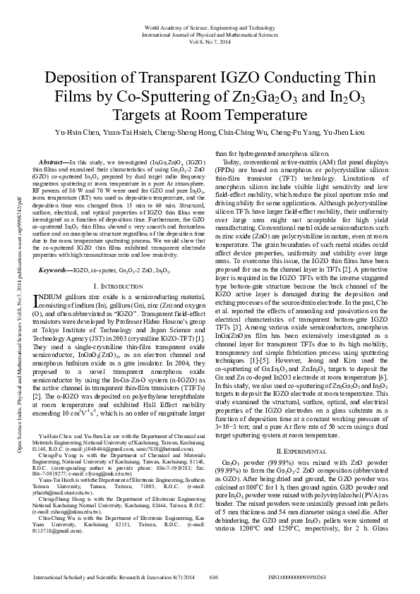 (PDF) Deposition Of Transparent Igzo Conducting Thin Films By Co ...