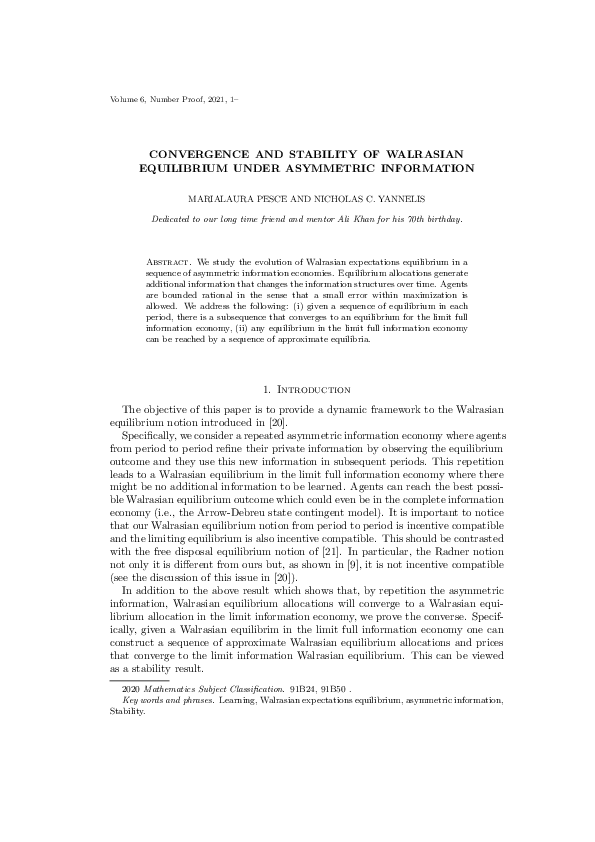 (PDF) Convergence and Stability of Walrasian Equilibrium Under Asymmetric Information