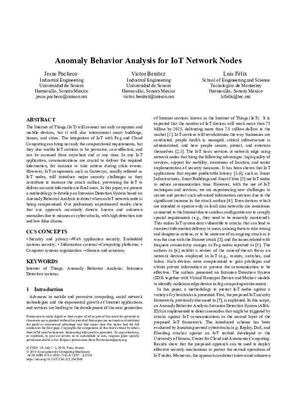 Anomaly Behavior Analysis for IoT Network Nodes