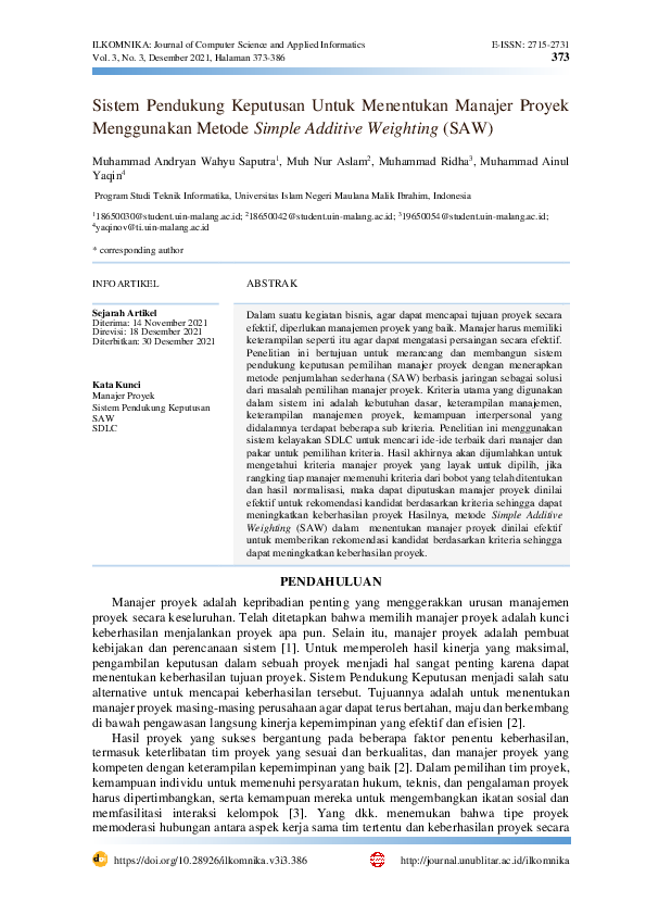 (PDF) Sistem Pendukung Keputusan Untuk Menentukan Manajer Proyek Menggunakan Metode Simple ...