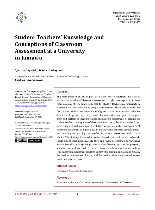 (PDF) Student Teachers’ Knowledge and Conceptions of Classroom Assessment at a University in Jamaica