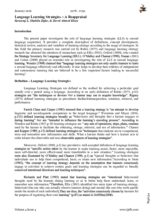 (PDF) Language Learning Strategies A Reappraisal