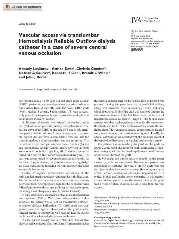 (PDF) Vascular access via translumbar Hemodialysis Reliable Outflow ...