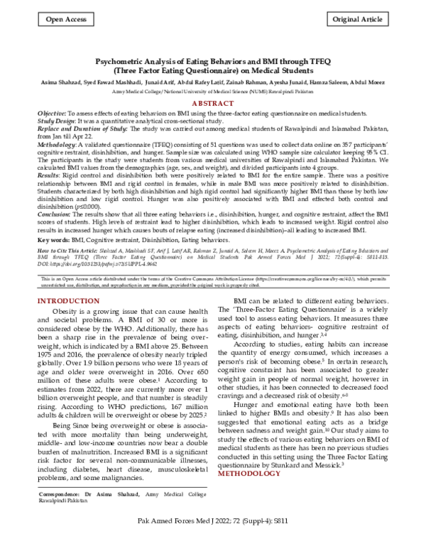 (PDF) Psychometric Analysis of Eating Behaviors and BMI through TFEQ ...