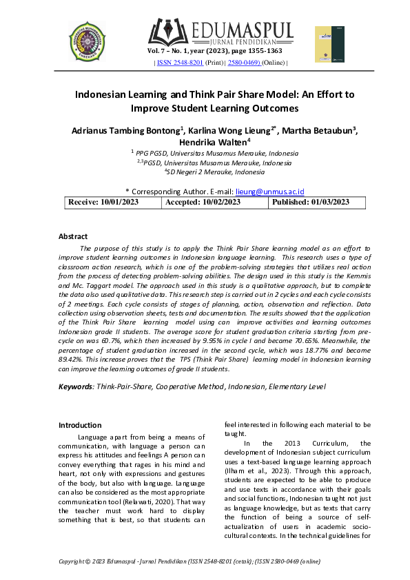 (PDF) Indonesian Learning and Think Pair Share Model: An Effort to Improve Student Learning ...